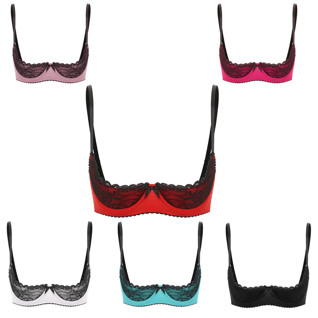 Women Sheer Lace Push Up Balconette Bra Half Cups Adjustable Spaghetti ...