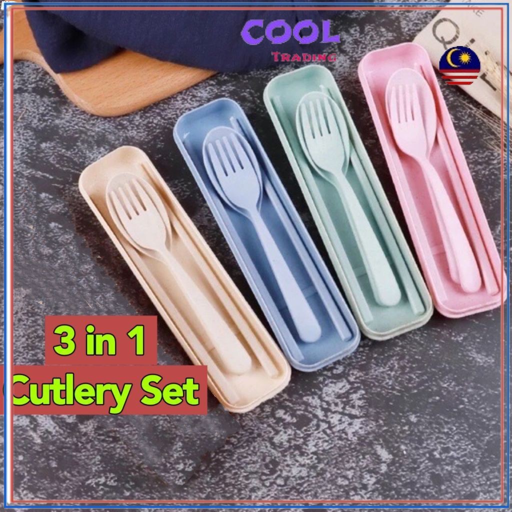 3 in 1 Set Kids Tableware set Cutlery Set Portable Spoon Fork Chopstick ...