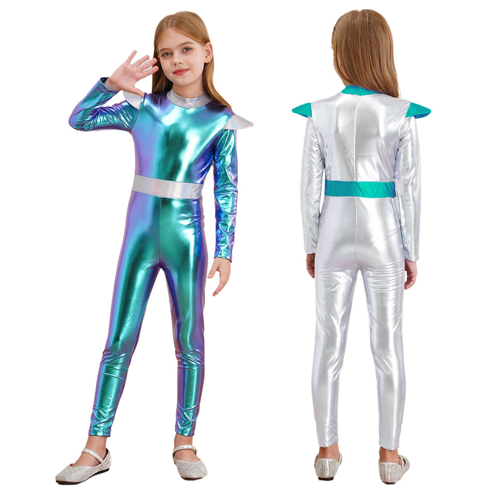 zdh - #6-16 Kids Alien Cosplay Costume Long Sleeve Shiny Metallic ...