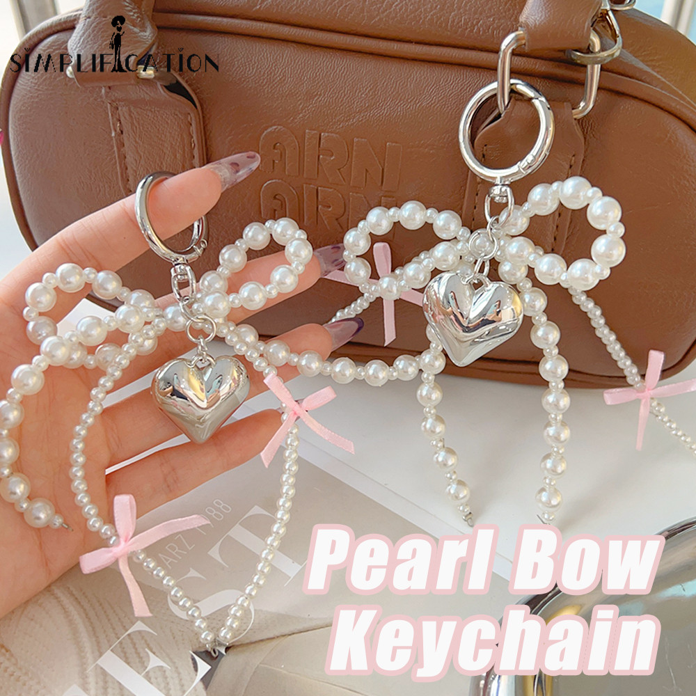 Elegant Simulated Pearl Bow Pendant Alloy Keyring Handbag Key DIY ...