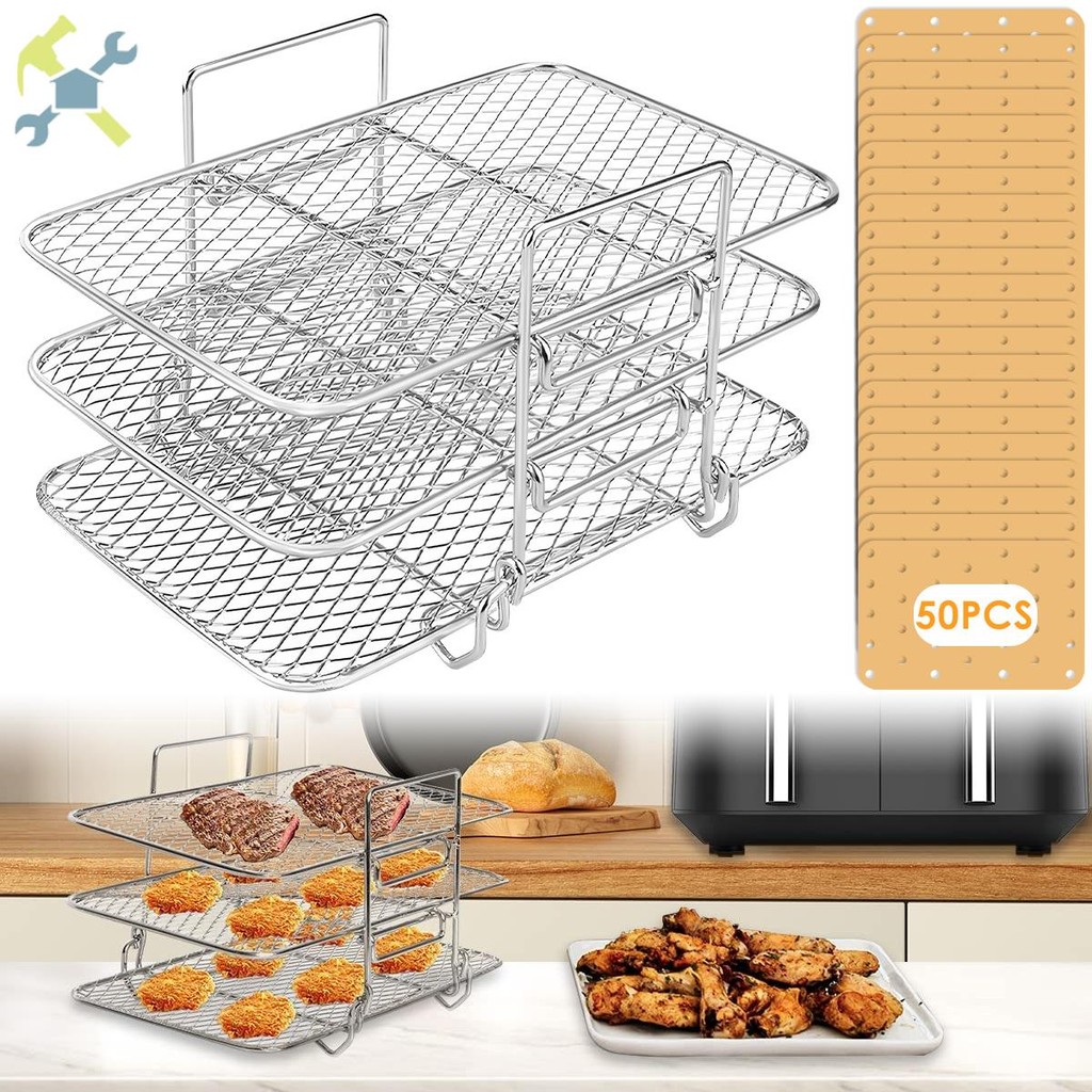 Air Fryer Rack with 50 Liners Sheets 3 Layered Stainless Steel Square ...
