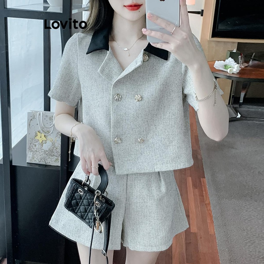 Lovito Casual Plain Button Colorblock Shorts Sets for Women LNA56460 ...