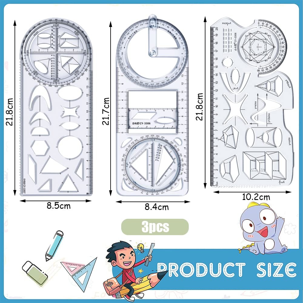 Multifunction Ruler Set Geometry Drawing Protractor Triangle Ruler Math ...
