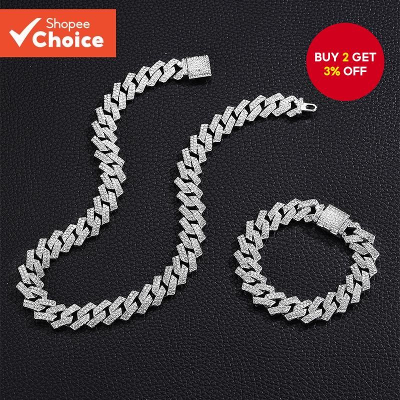 Men's Necklace and Bracelet Set Fashionable Diamond Cuban Chain Hip-Hop ...