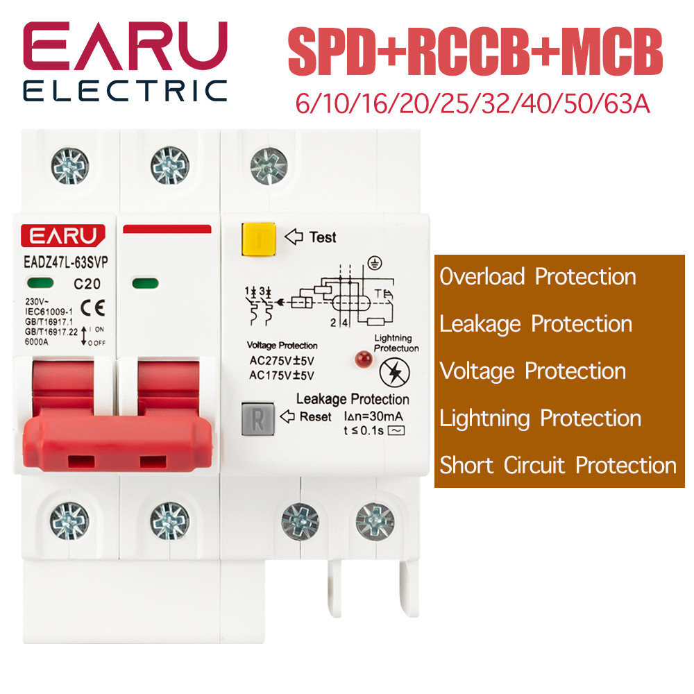230V 2P SPD Residual Current Circuit Breaker With Overload Overvoltage ...