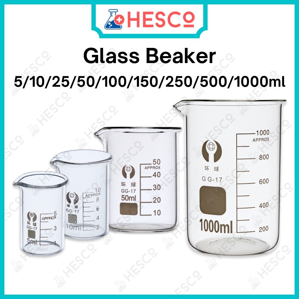 Beaker Glass Bikar Kaca Gelas – 5/10/25/50/100/150/250/500/1000ml, Lab ...