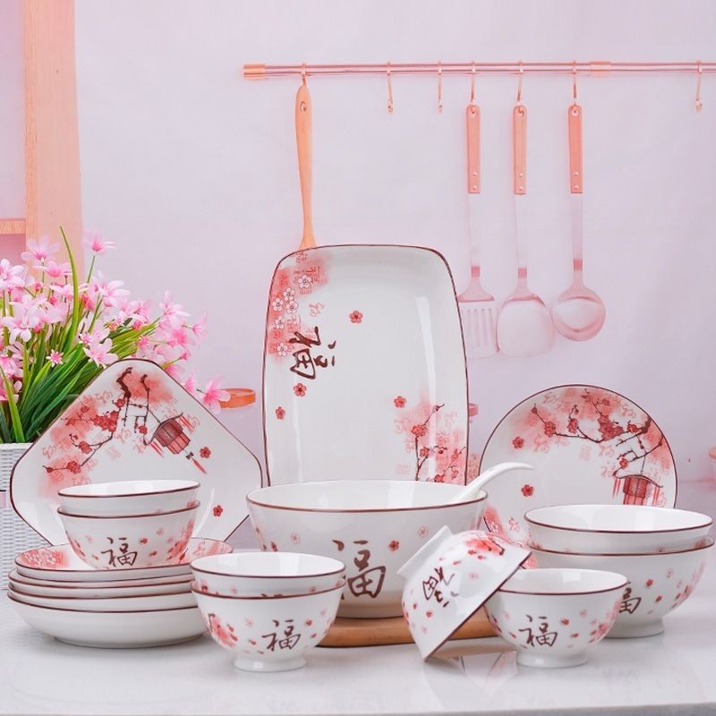 NEW CNY Red Blossom Traditional Design Porcelain Bowl And Plate ...