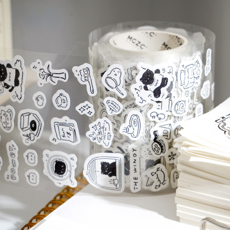 Cdaily|Cartoon Cartoon Cute Cat Tape Black White Hand-Painted Tape ...