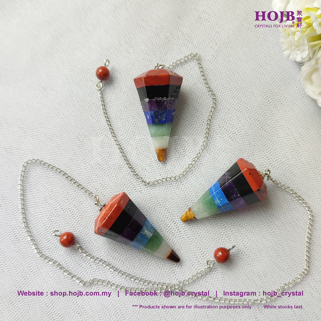 HOJB Natural Crystal Stone Seven Chakra Pendulum Point With String 18x37mm 聚寶軒天然水晶宝石七星脉轮灵摆吊坠法器 ...