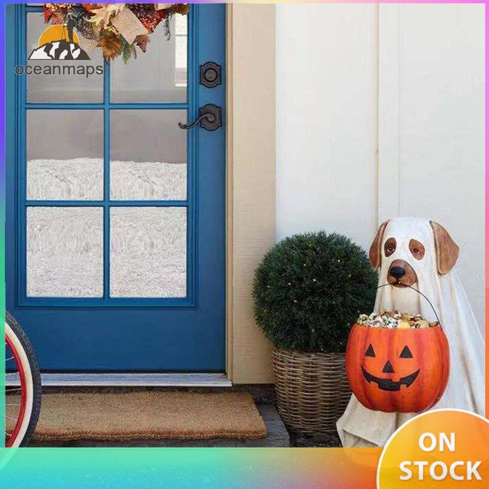 OCE! Spooky Ghost Dog & Cat Halloween Statues with Pumpkin Candy Bowl ...