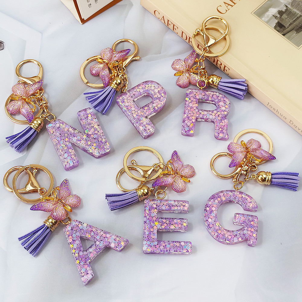 1 Pcs Glitter Purple Sequin Filled A-Z Letter Keychains Fashion ...