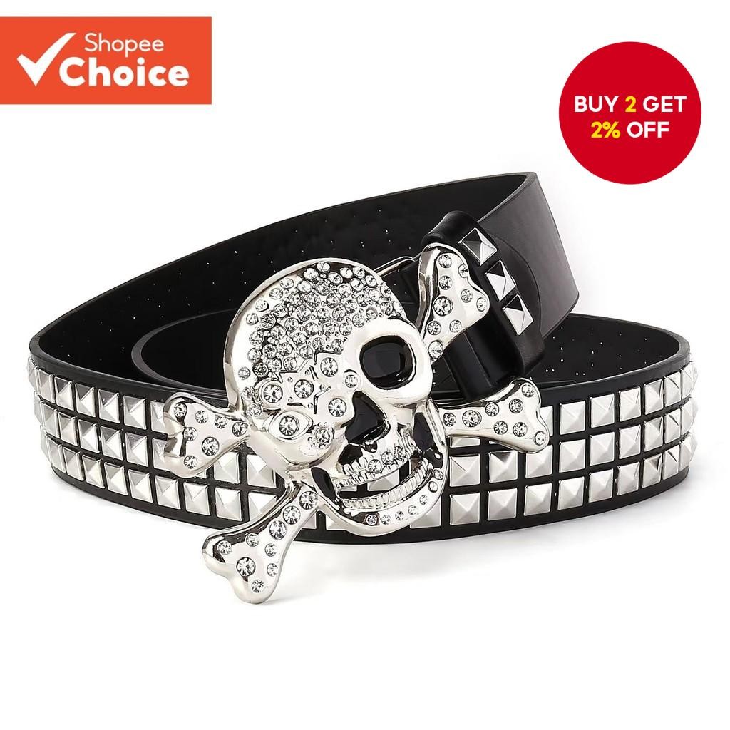 Skull Head Punk Belt Pyramid Studs Square Beads Rivet Gothic Rock Hip ...