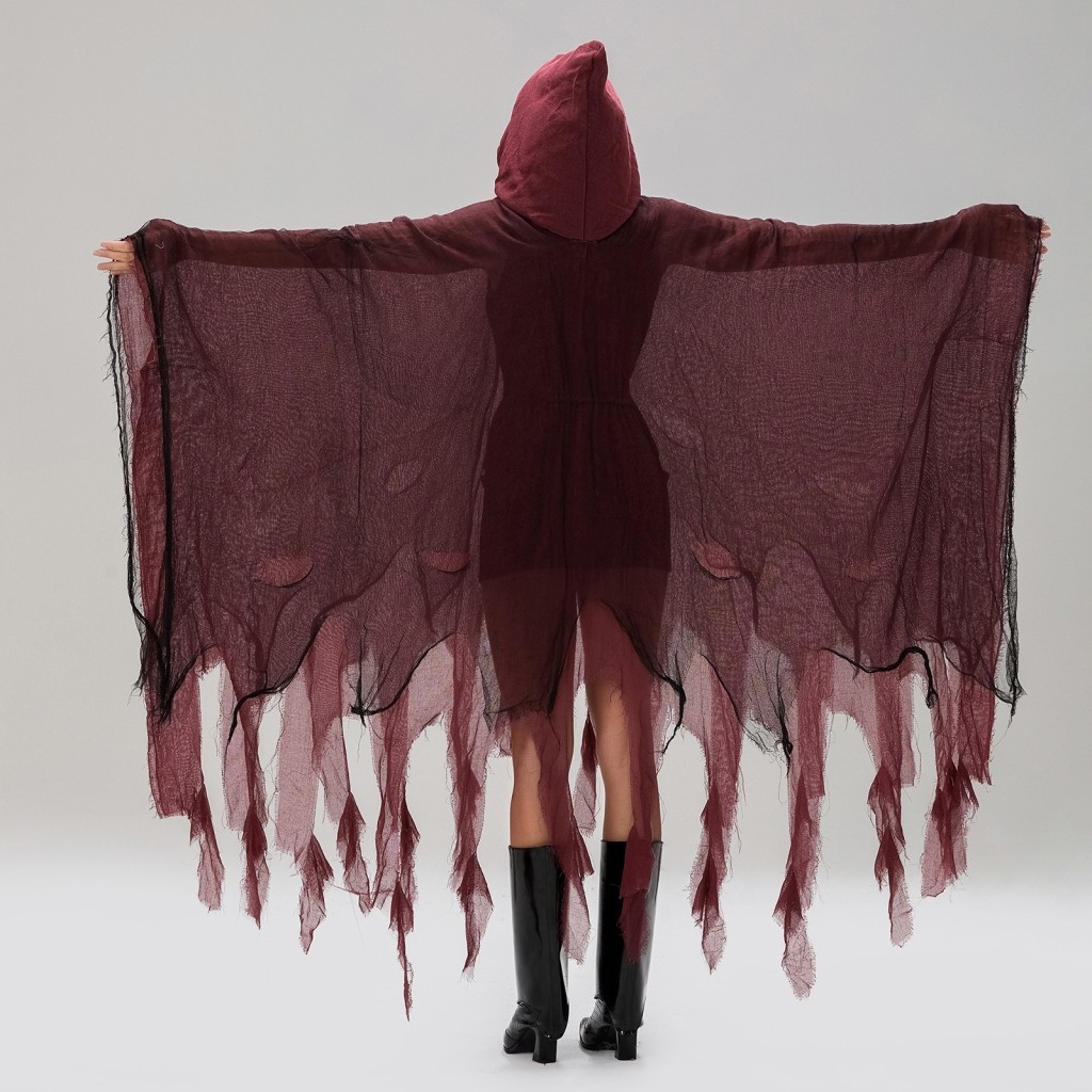 []-Halloween Witch Cloak with Hood Exaggerated Ripped Grim Reaper Cape ...