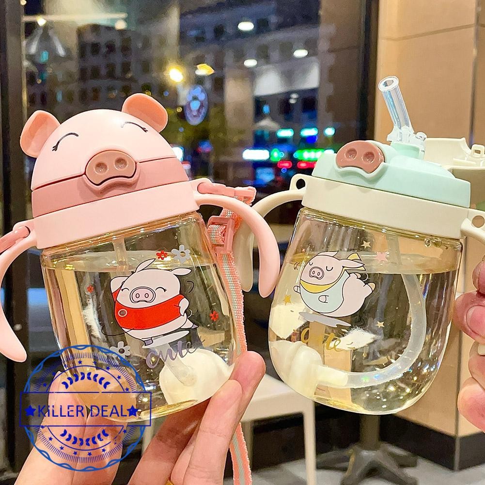 350ml Cute Cartoon Little Pig Children's Water Bottle Leak Strap Proof Dual Hand Handle Straw ...