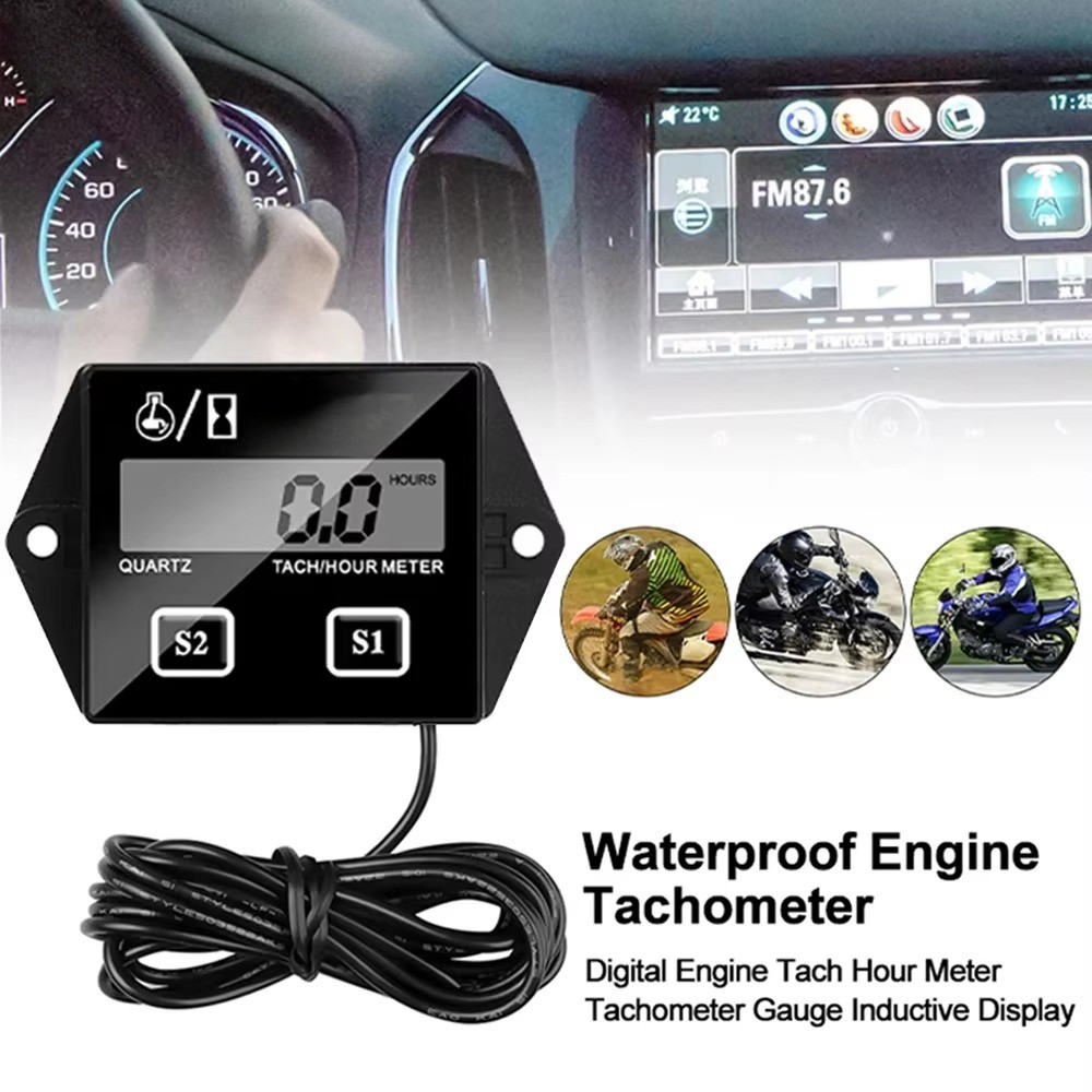 Waterproof Digital Engine Tach Hour Meter Tachometer RPM Gauge Inductive For Gasoline Motorcycle ...