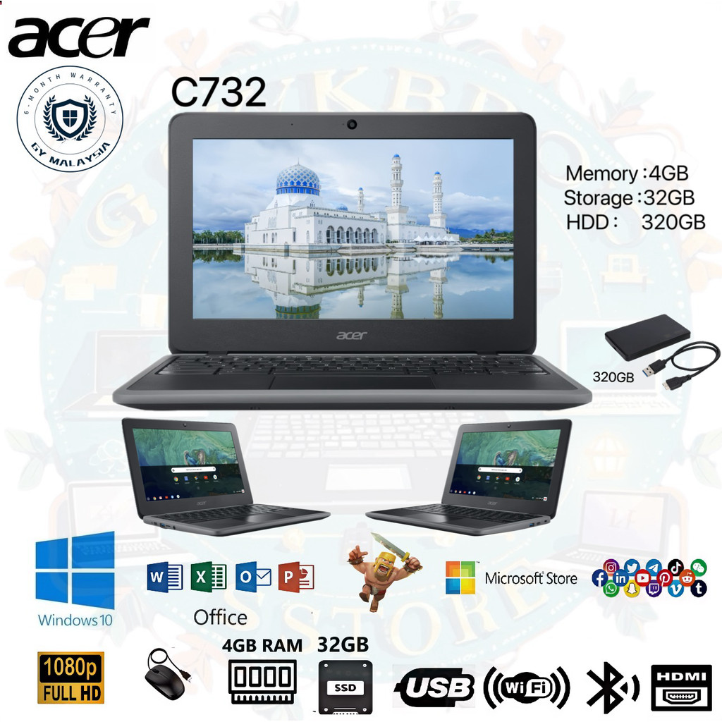 Acer chromebook C732 laptop｜ 4GB RAM｜32GB ssd｜320GB HDD ｜windows 10 ...