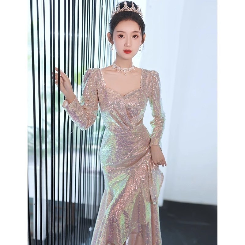 Temperament Sequin Banquet Evening Dress 2024 New Light Luxury Square ...