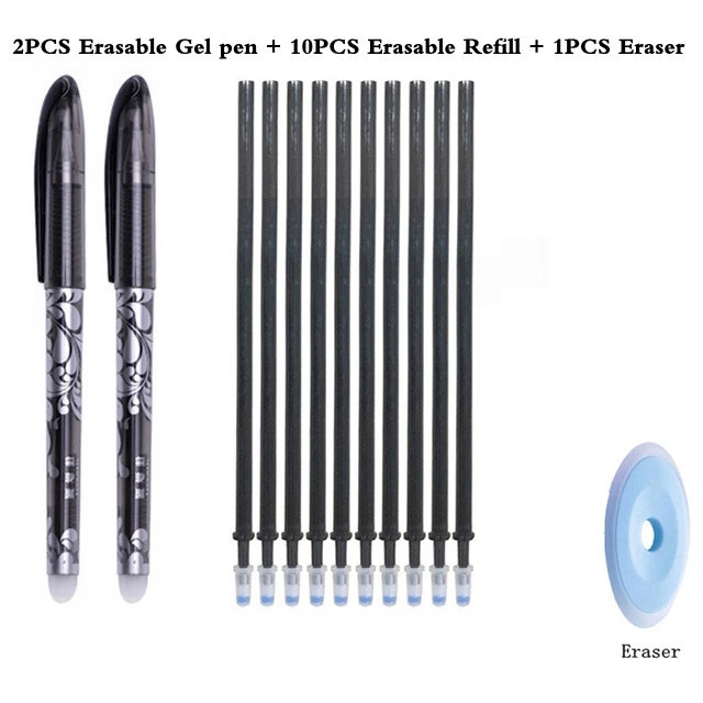 Erasable Pen Set 2 Pens + 10 Refills + 1 Eraser Black Blue Ink 0.5mm ...