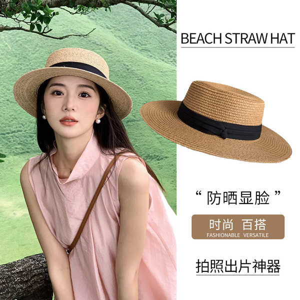 topi perempuan topi pantai Topi Jerami Rata Wanita Straw Topper ...