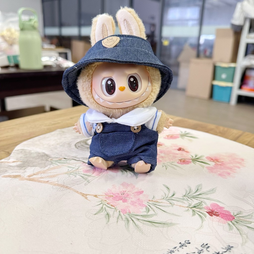 Labubu POP MART V1/V2 17cm Plush Doll Pendant Denim Pocket Pants Set ...