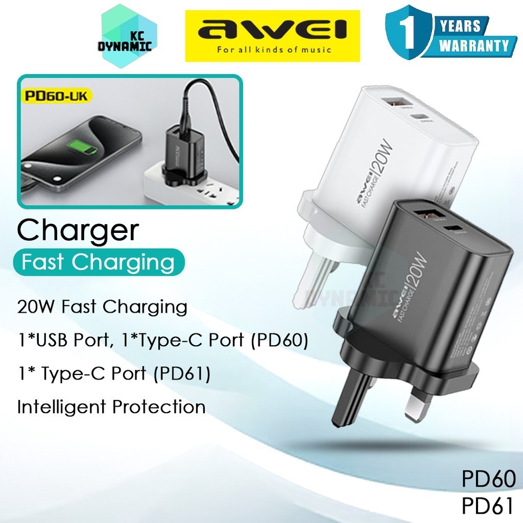 Awei PD60 20W Charger Adapter 20W Fast Charging Charger Awei PD61 Wall ...