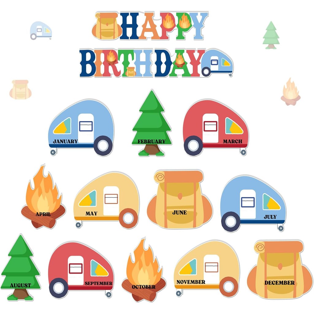 Camping Theme Happy Birthday Bulletin Board Set for Classroom 15Pcs ...