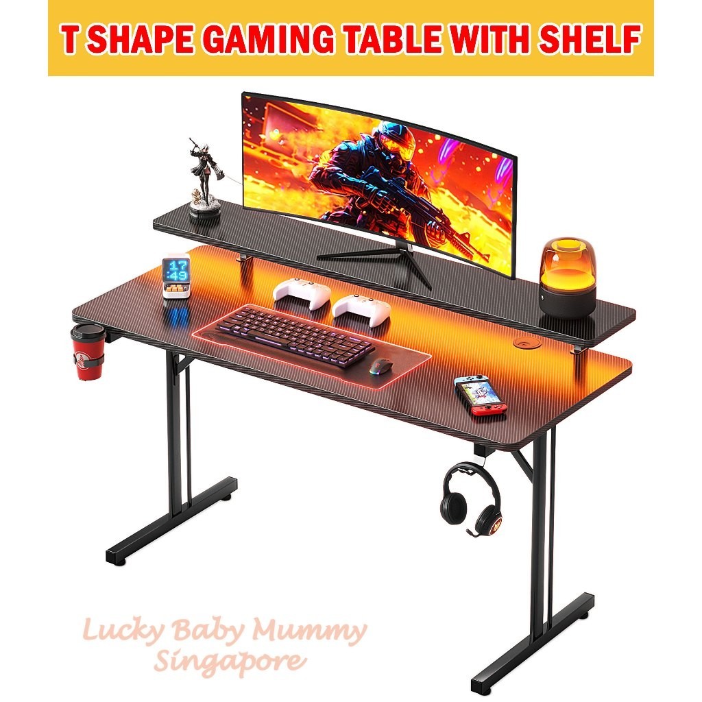 T-Shaped Gaming Table with Shelf Carbon Fiber Computer Desk Home Office ...