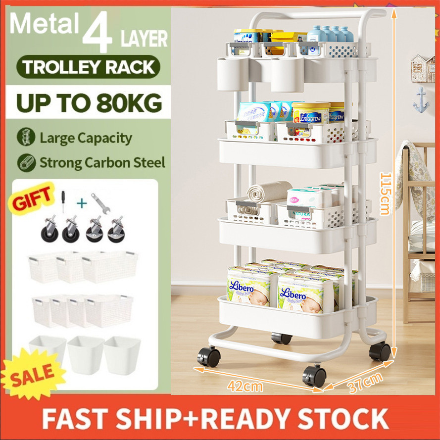 Full Set 4 tier Trolley Rack Trolley Cart Organizer with Basket Carbon ...