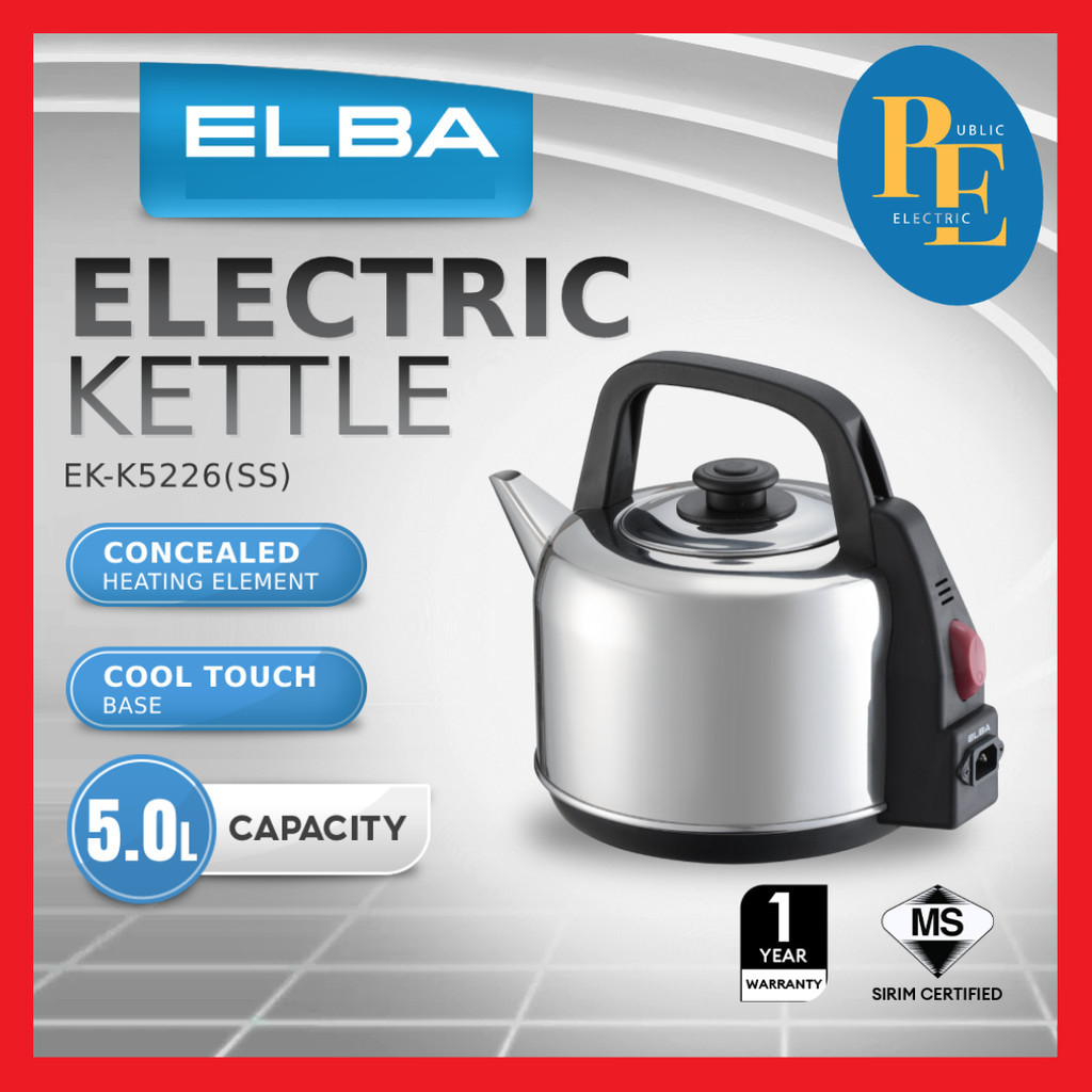 ELBA 5L Electric Kettle EK-K5226(SS) - Concealed Heating Element, Automatic Cut-off Thermostat ...