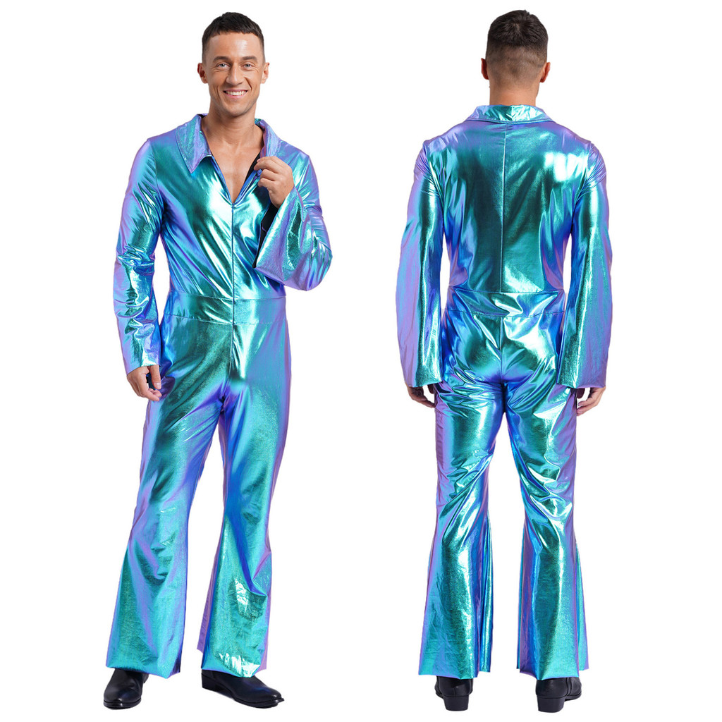 inhzoy Disco Outfit 70s Prom Sparkle Flare Jumpsuit Party Costume ...