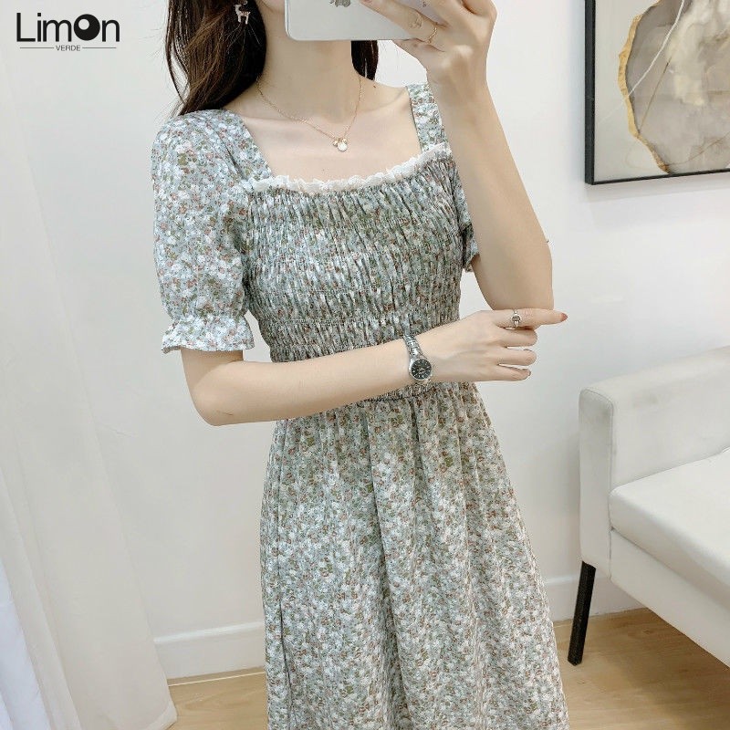 2024 gaun bunga sifon kolar persegi retro stail Perancis baru | Shopee ...