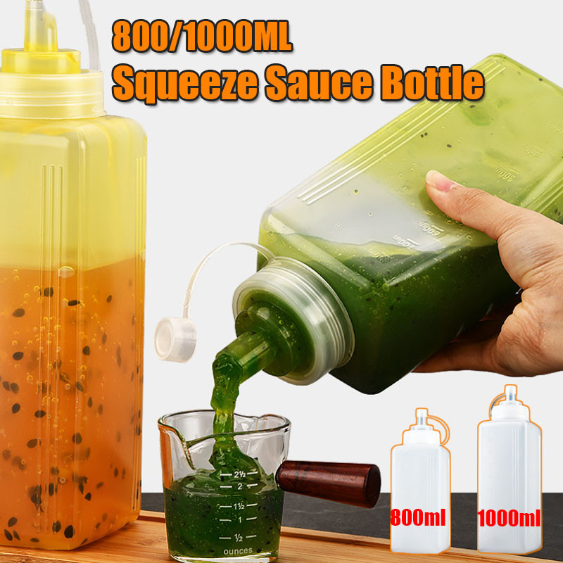 800/1000ML Large Caliber Capacity Squeeze Sauce Bottle Square Condiment Bottle Tube Kitchen ...