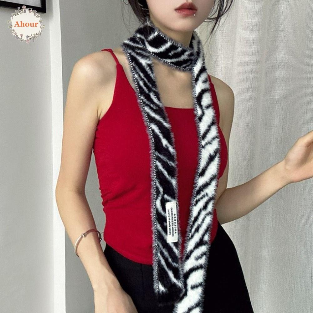 AHOUR Y2K Faux Fur Scarf, Leopard Print Harajuku Narrow Long Scarf ...