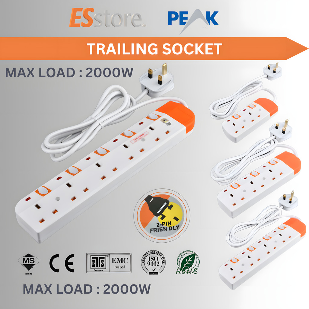Peak Trailing Socket Extension Plug 2 / 3 / 4 / 5 Gang 2 / 5 Meter(Neon ...