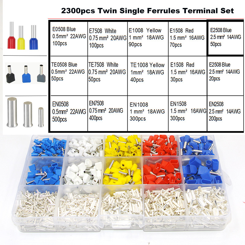 2300pcs Wire Copper Crimp Connector Cord Pin End Terminal Dual Twin ...