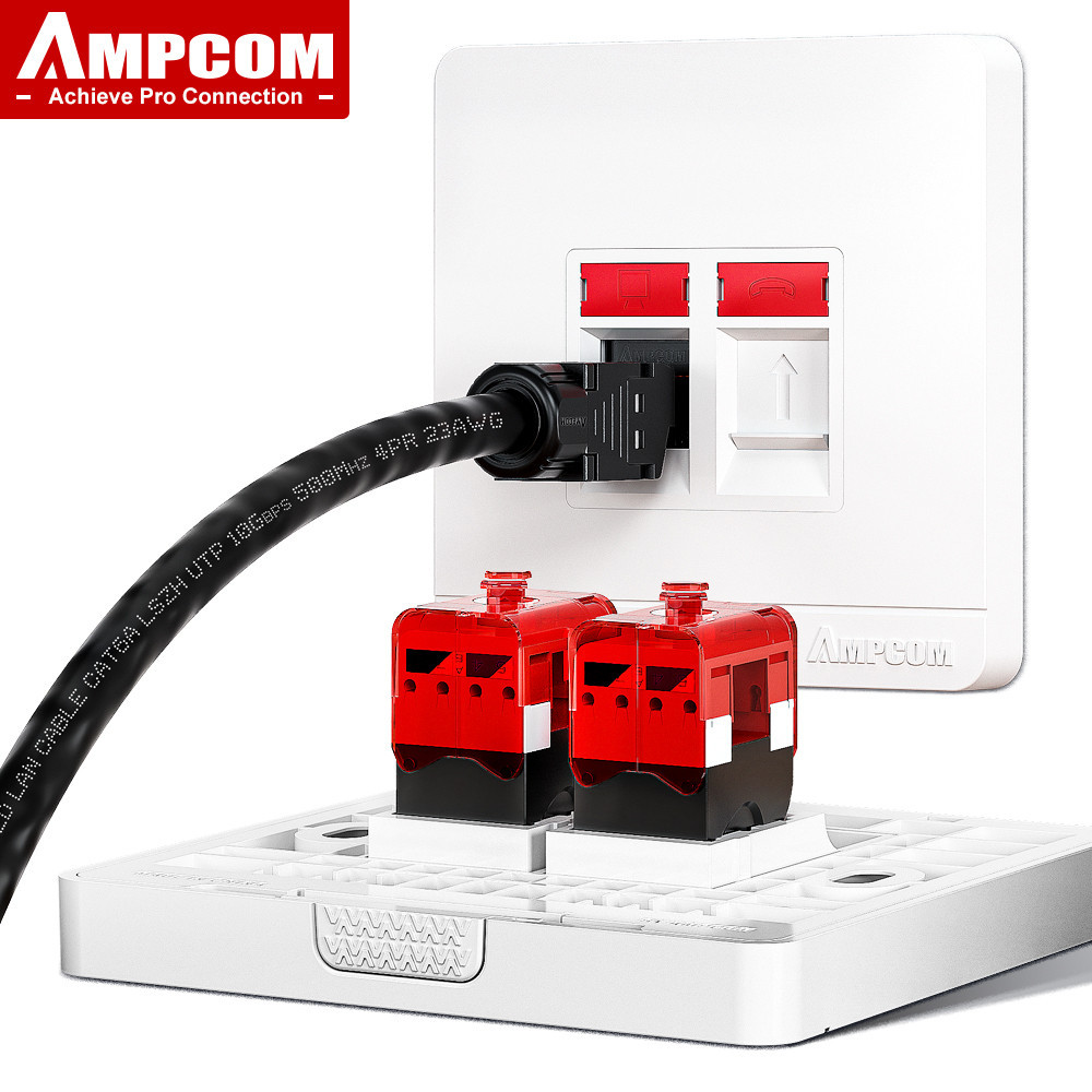 AMPCOM 86mm Faceplate with CAT6A 10Gbps UTP Keystone Jack, No Punch ...