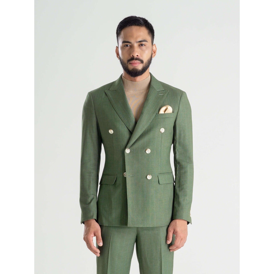 Zeve Double Breasted Suit Blazer - Moss Green Stripes (Peak Lapel ...