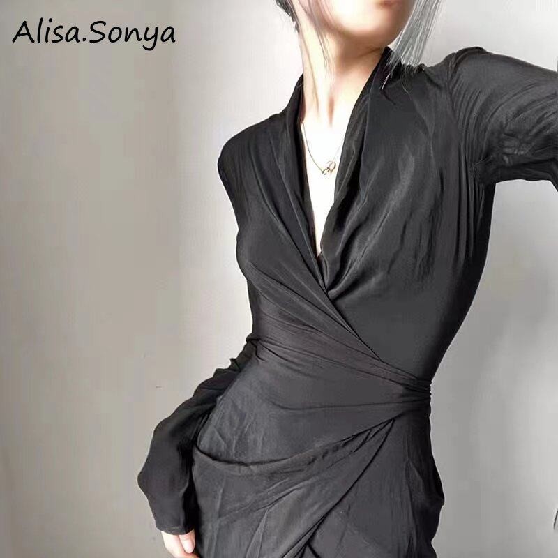 Alisa.Sonya Plus Size V neck Women Maxi dress French Long sleeves ...
