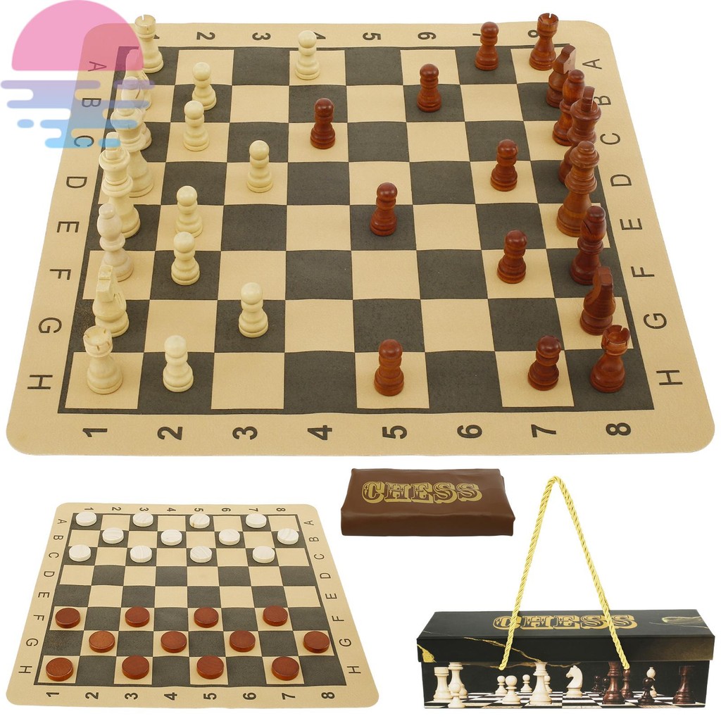 Chess and Checkers Board Set 16inch Leather Wooden 2-in-1 Folding Chess ...