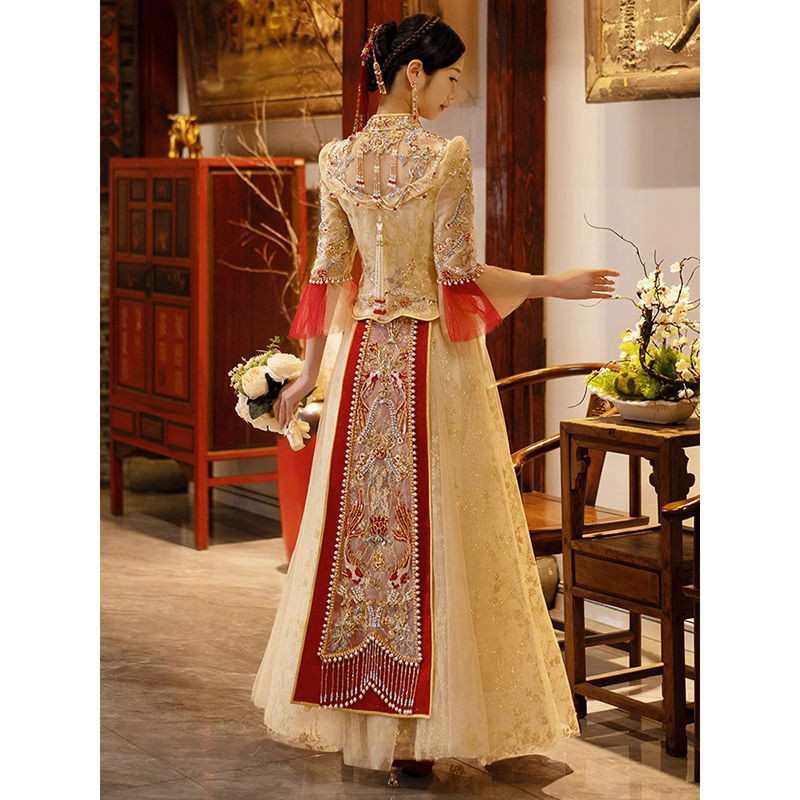 Champagne Xiuhe Dress 2024 Bridal Thin Chinese Wedding Dress Dragon ...