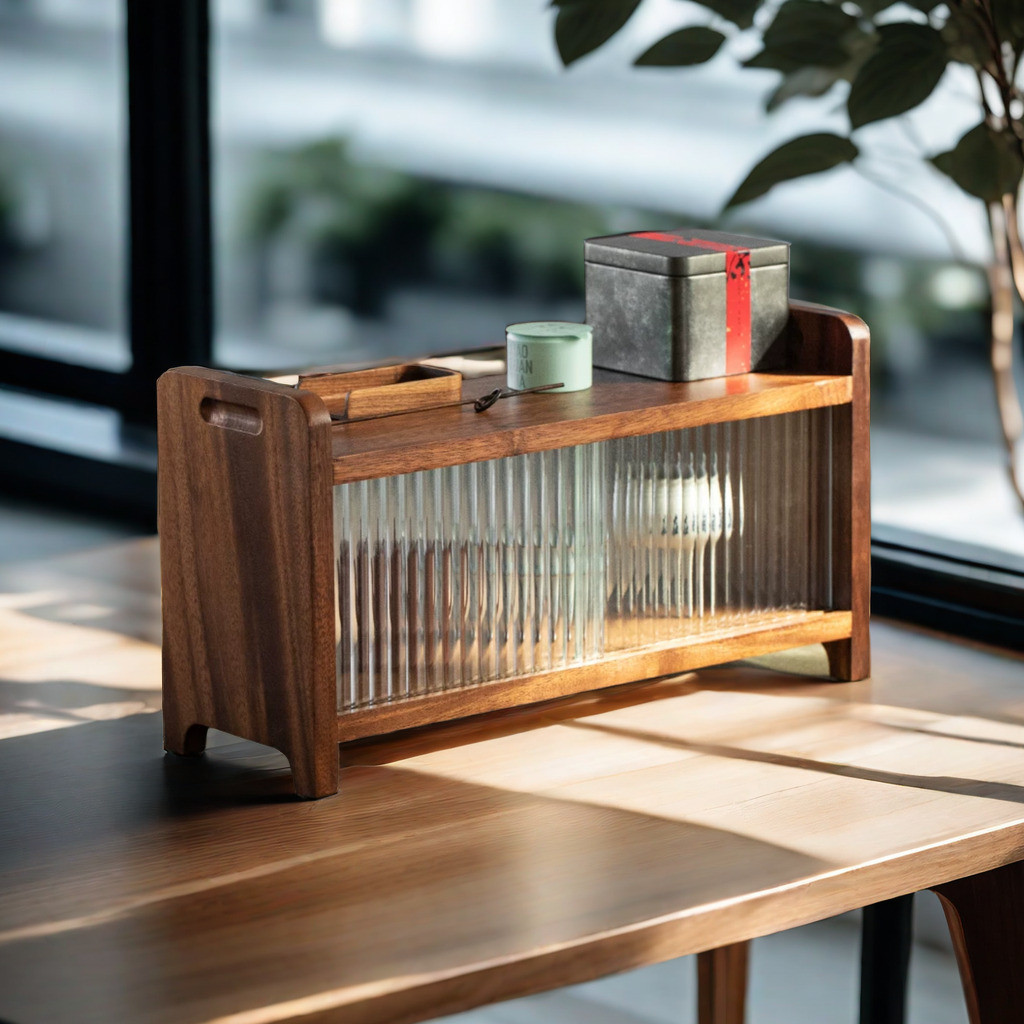 Walnut Desktop Tea Cup Rack Tea Set with Sliding Door Storage Rack ...