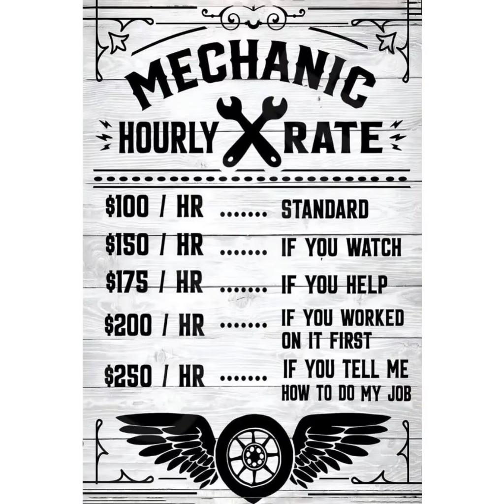 2D Funny Mechanic Hourly Rate Sign - 8x12 Weatherproof Aluminum Shop ...