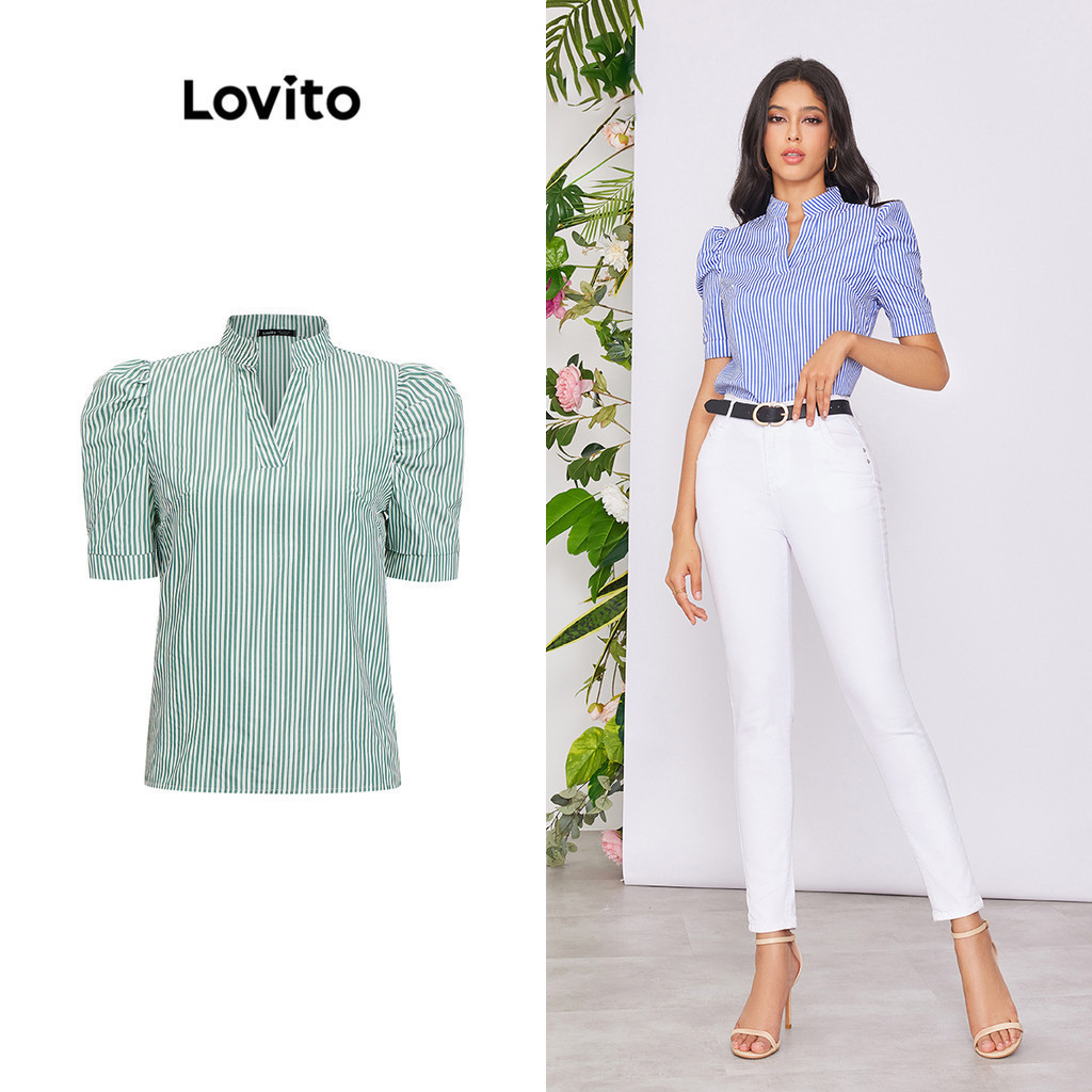 Lovito Casual Striped Puff Sleeve Blouse for Women LBE02048 (Blue) Blus ...