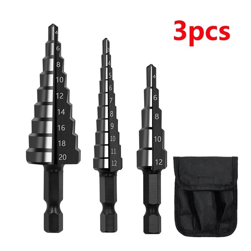 3pcs 3-12mm 4-12mm 4-20mm HSS Straight Groove Step Drill Bit Set Wood ...