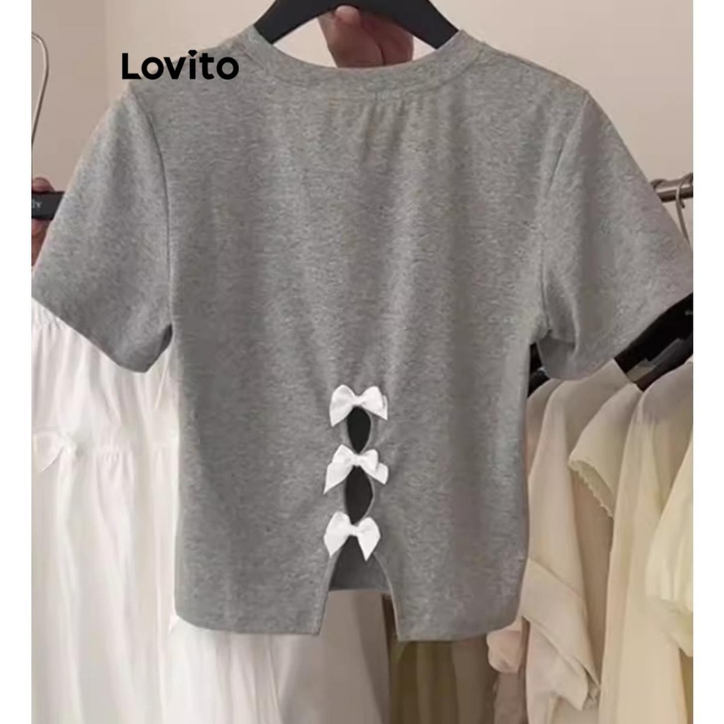 Lovito Elegant Plain Split Back Bow T-Shirt for Women LNE71437 | Shopee ...