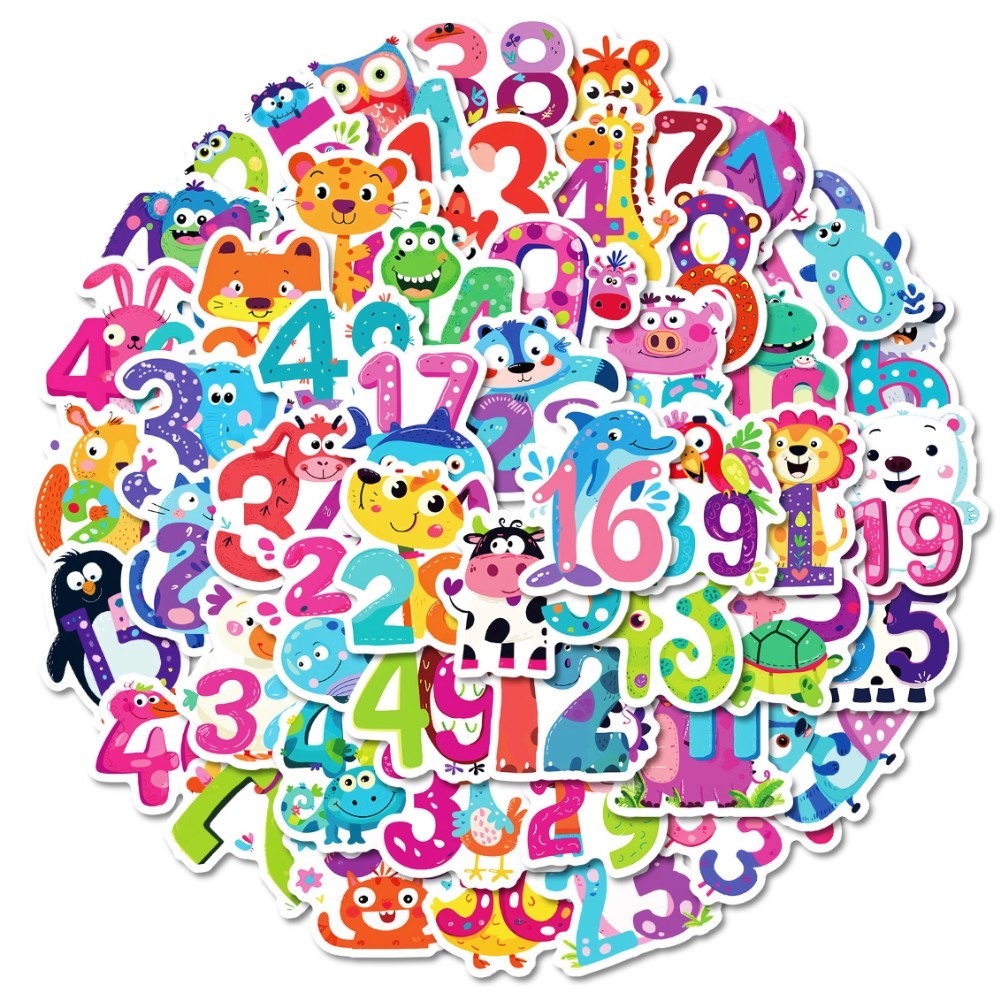 Set of 50 Cute Cartoon Stickers with Numbers and Animals Combination ...