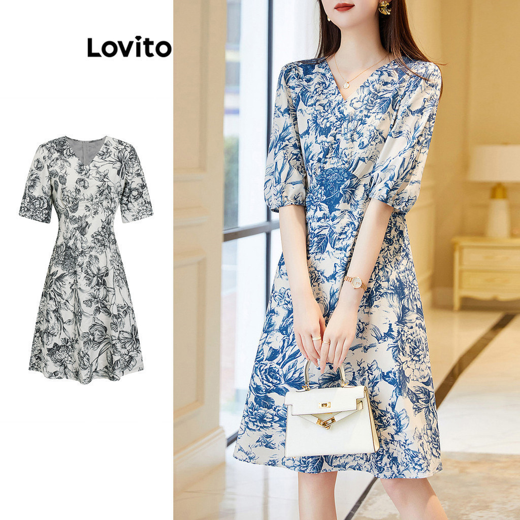 Lovito Casual Floral Print A Line Dress for Women LNE26050 (Multi-color ...
