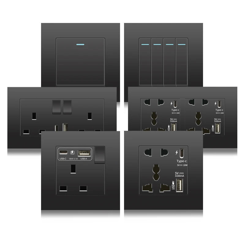 Black UK 13A Wall Socket with USB Type C 18W Quick Charge Plug Socket ...