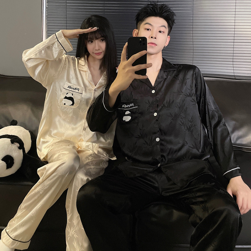2024 Pyjamas Couple Panda Silk Sleepwear Long Sleeve for Lovers Pajamas ...