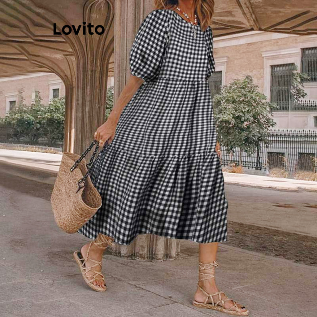 Lovito Casual Plaid Colorblock Tiered Layer Dress for Women LNL70068 ...
